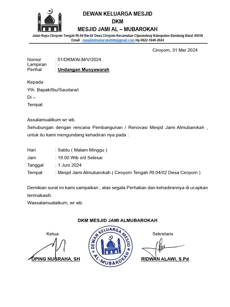 Undangan Musyawarah Renovasi Masjid | PDF