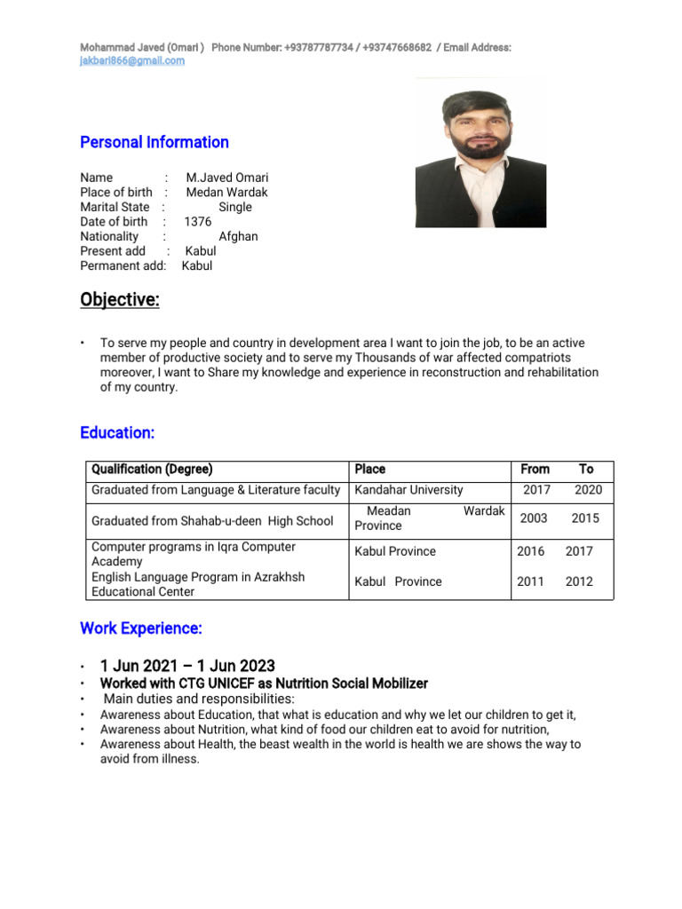 Mohammad Javed CV One Year | PDF