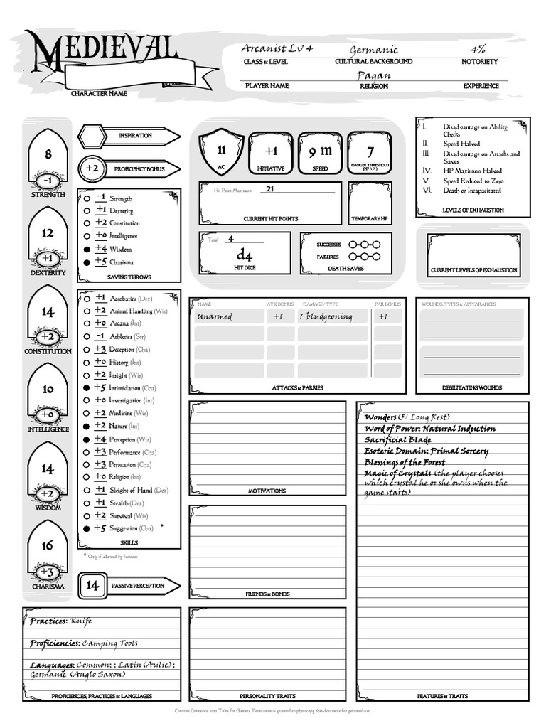 Medieval Character Sheet Template | PDF