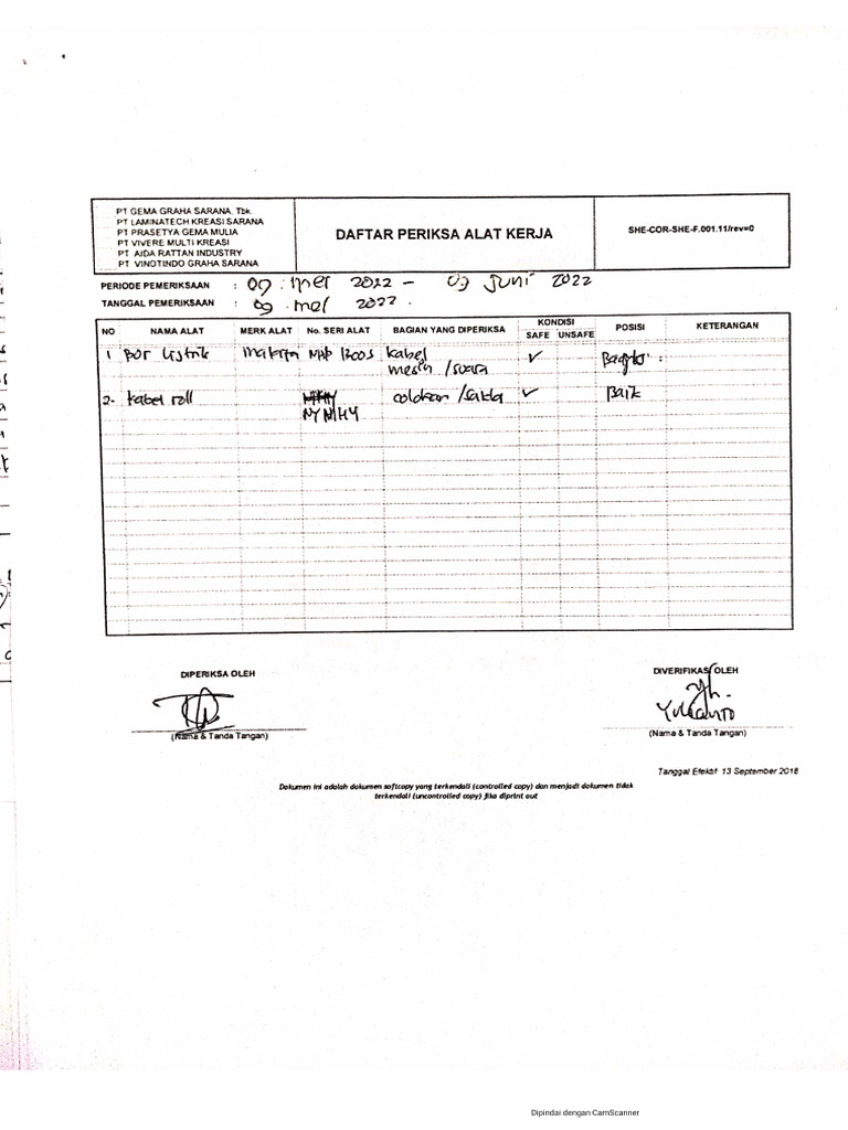 Inspeksi Alat Kerja | PDF