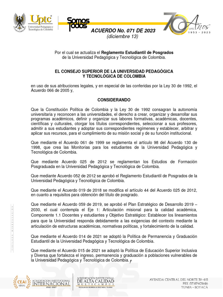 Acuerdo 071 2023 | PDF | Tesis | Plan de estudios