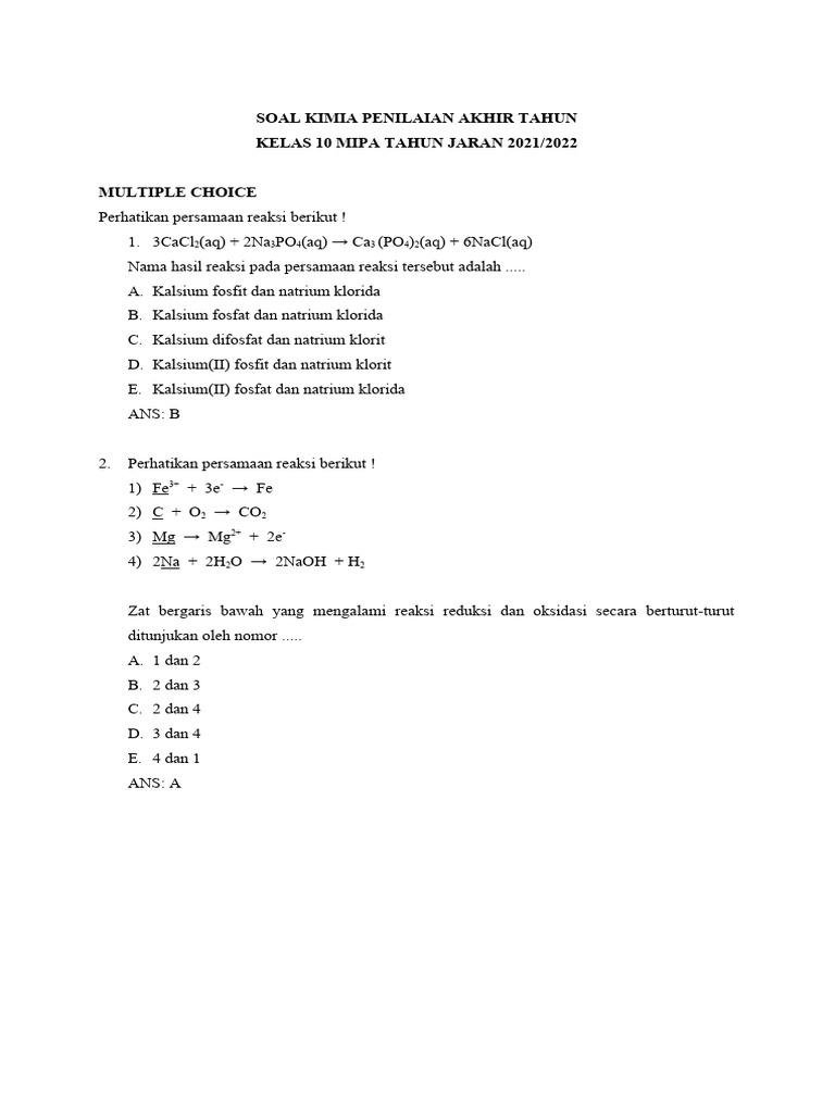 SOAL PAT AKM KIMIA KELAS 10 MIPA PG | PDF