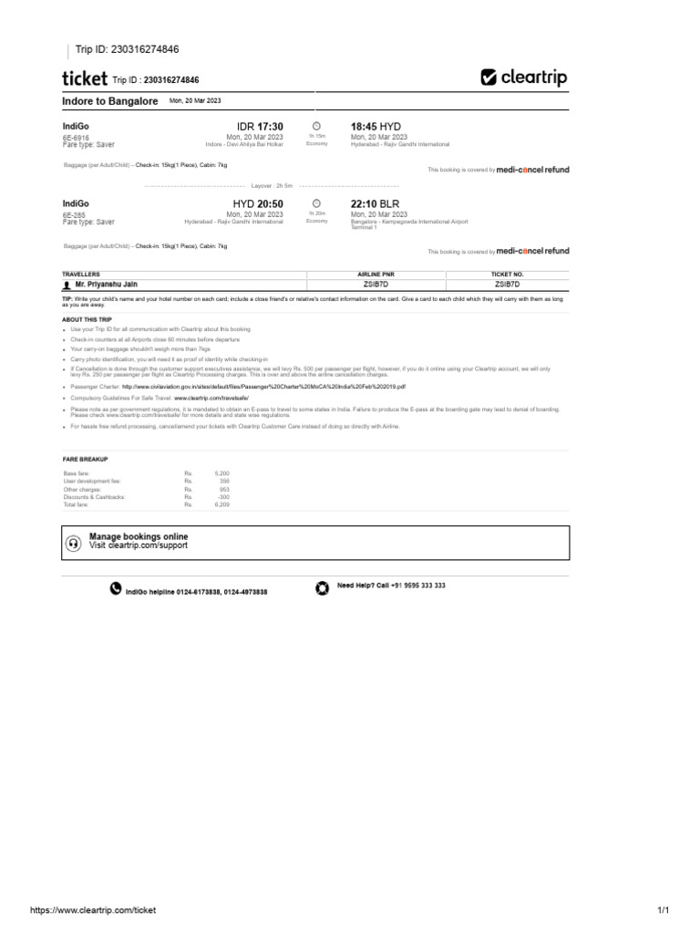Cleartrip Domestic Flight Itinerary | PDF | Aviation | Transport