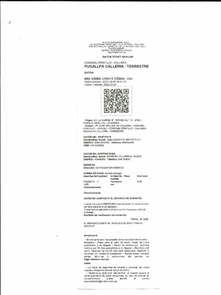 Boleta Shalom Pucallpa | PDF
