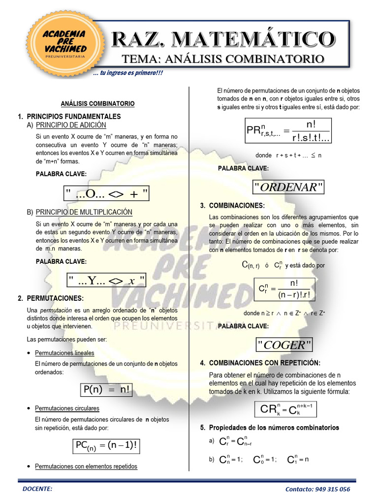 ANÁLISIS COMBINATORIO | Descargar gratis PDF | Combinatoria | Permutación