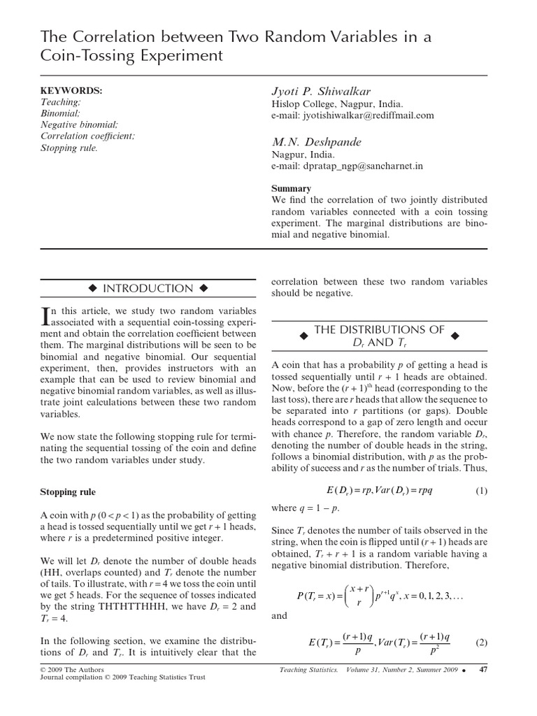 The Correlation Between Two Random Variables in A Coin-Tossing Experiment | PDF | Random ...