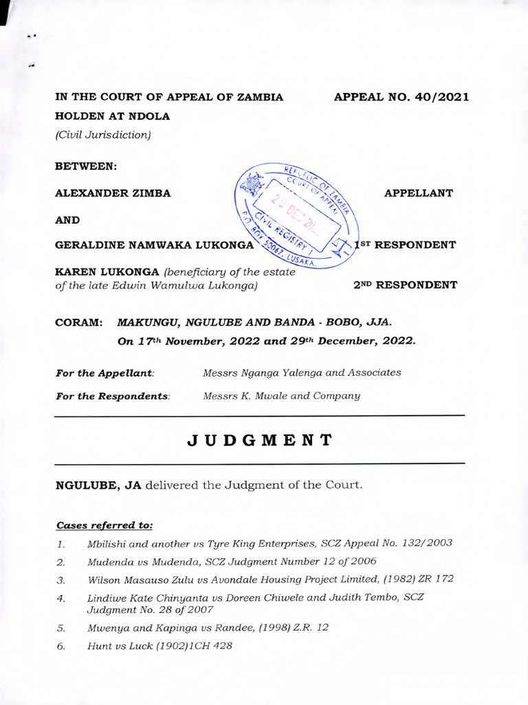 APP 0040 2021 Alexander Zimba Vs Geraldine Namwaka Lukonga Karen Lukonga Coram Justice Makungu ...
