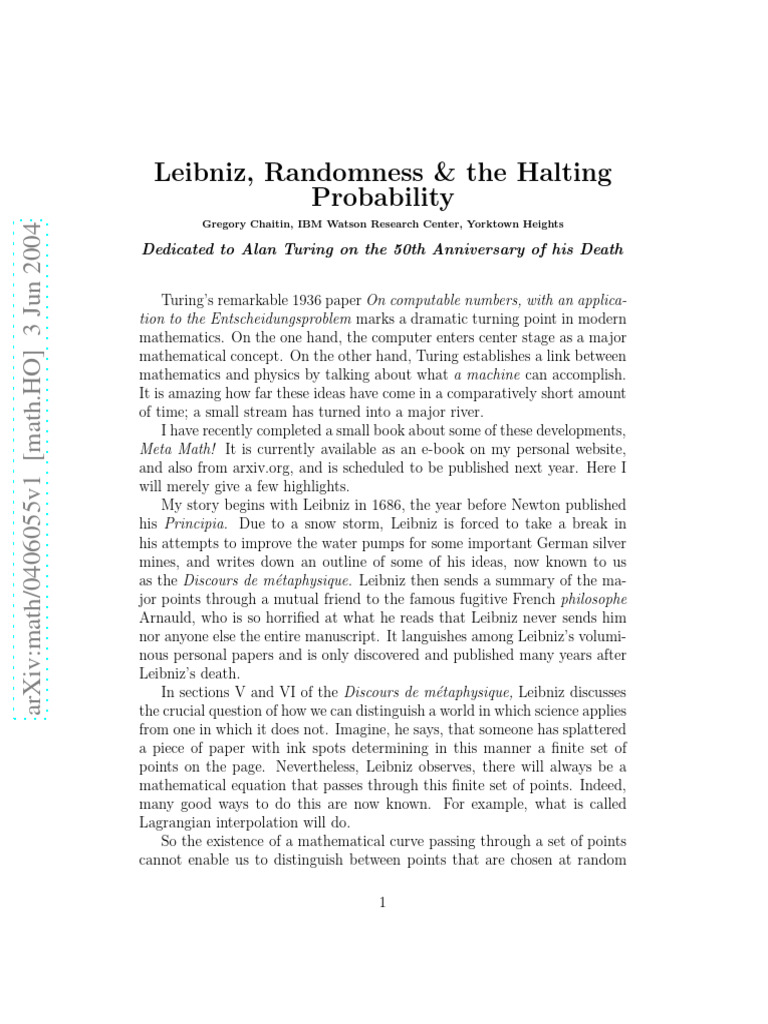 Leibniz, Randomness, & the Halting Probability | PDF | Computational Complexity Theory | Algorithms