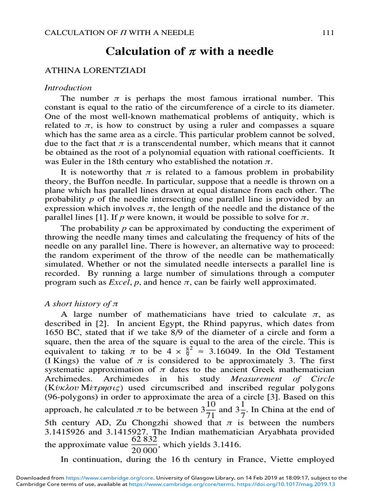 Buffon's Needle Method for π Calculation | PDF | Pi | Numbers