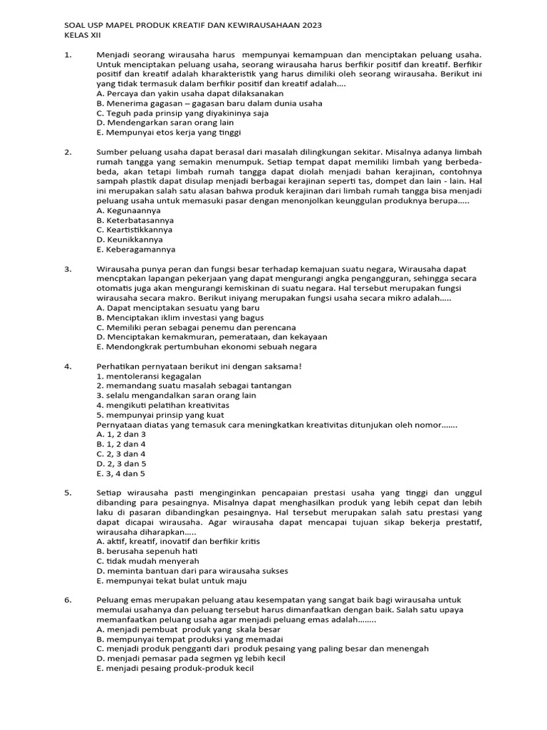 Soal Usp Mapel Produk Kreatif Dan Kewirausahaan 2023 | PDF