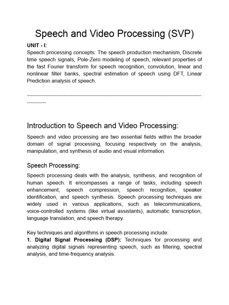 Unit 1 - Speech and Video Processing (SVP) - 1 | PDF | Spectral Density | Digital Signal Processing