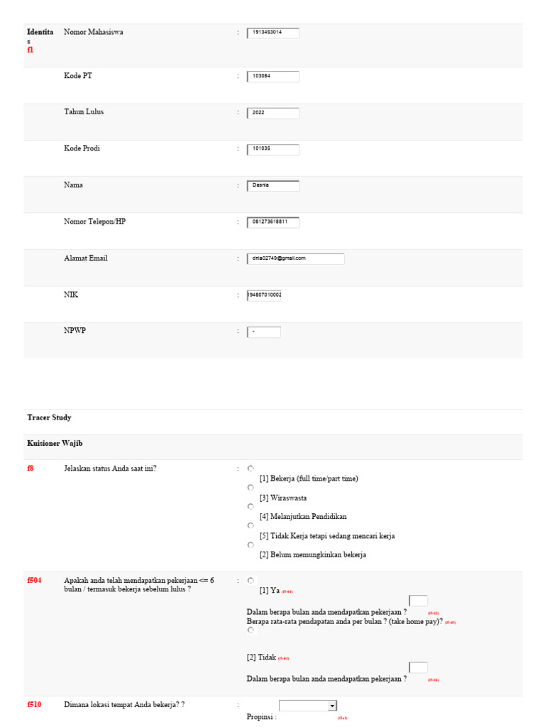 Kuesioner Tracer Study Lulusan Dikti | PDF