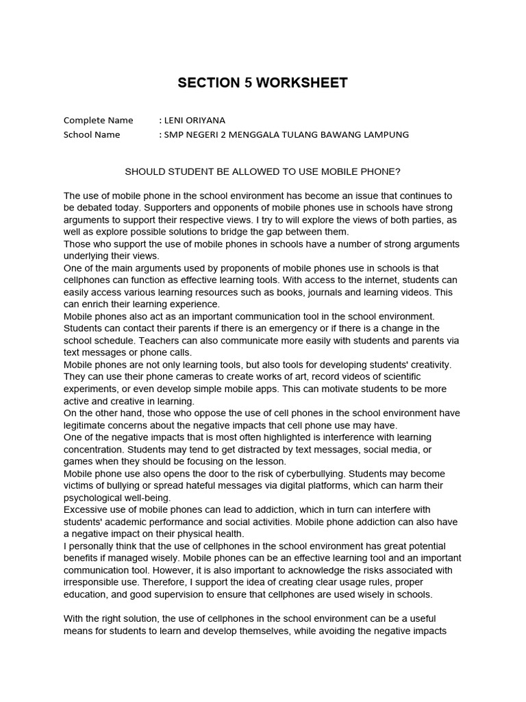 Section5 Worksheet Lenioriyana | Download Free PDF | Mobile Phones | Cyberbullying