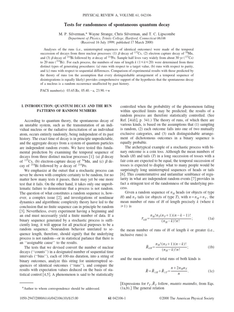 Tests For Randomness of Spontaneous Quantum Decay | PDF | Radioactive ...
