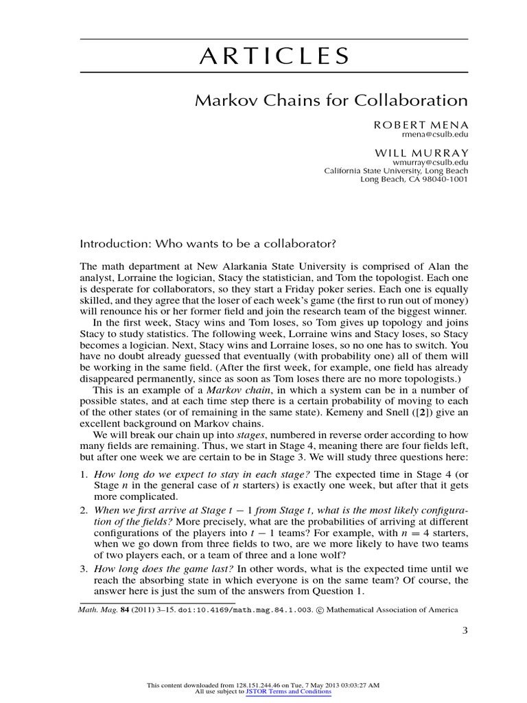 Markov Chains For Collaboration | PDF | Eigenvalues And Eigenvectors | Theorem