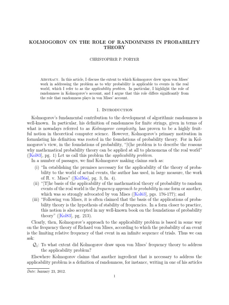 Kolmogorov On The Role of Randomness in Probability Theory | PDF | Randomness | Probability Theory