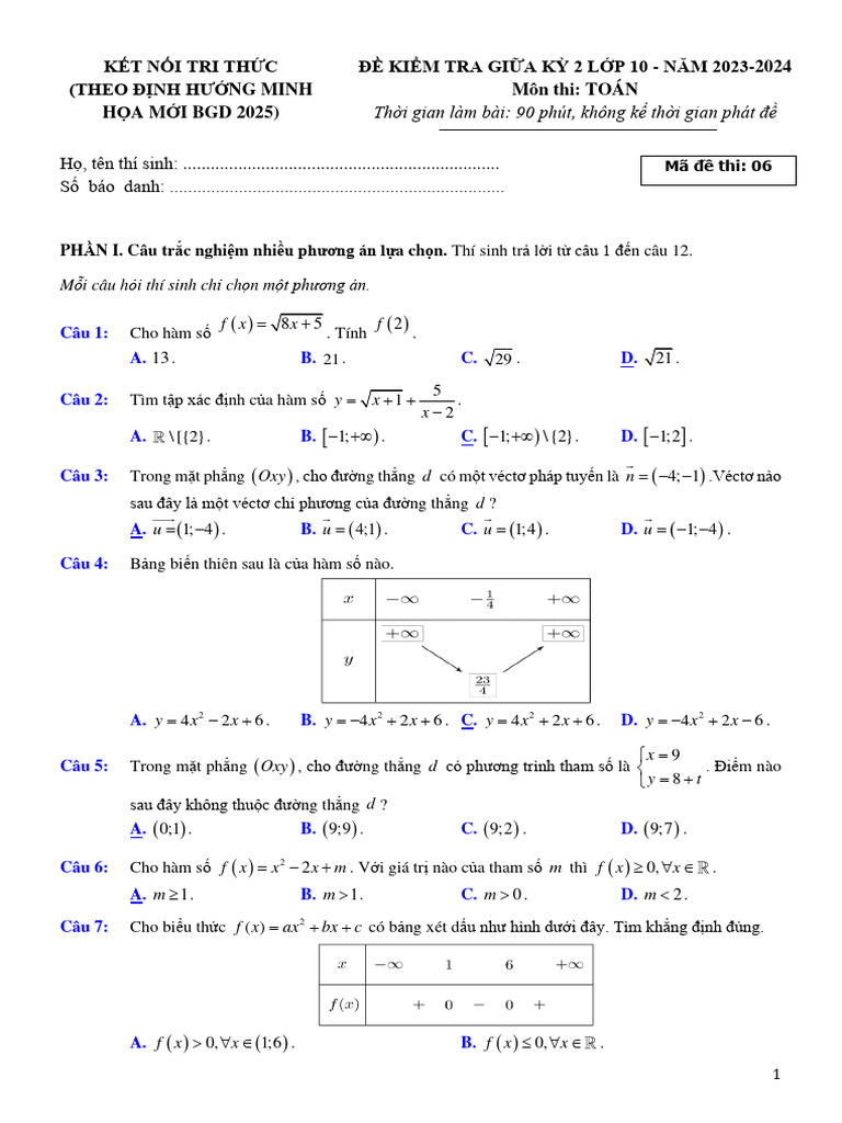 HS ĐỀ 06 ÔN TẬP GK2 TOÁN 10 KNTT Soạn theo minh họa BGD 2025 - no9Dh8X10B 1 | PDF