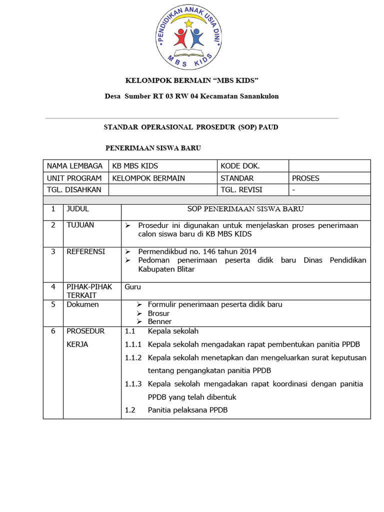 SOP Penerimaan Siswa Baru KB MBS KIDS | PDF
