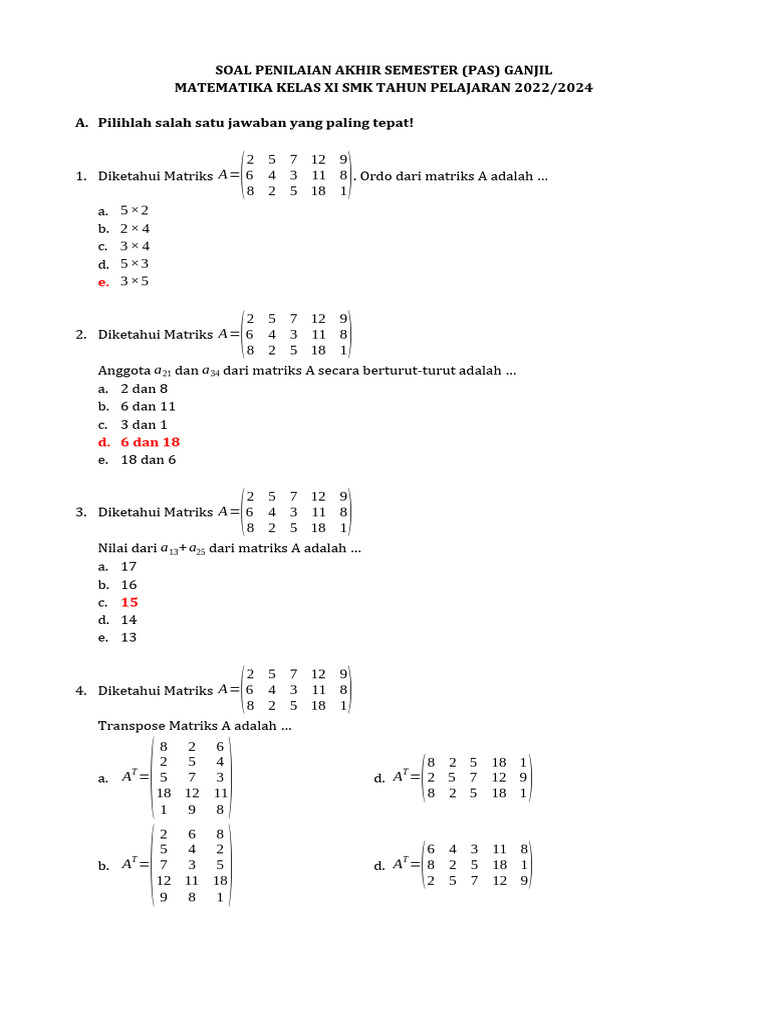 Soal Matematika ASAS Genap 2023-2024 | PDF