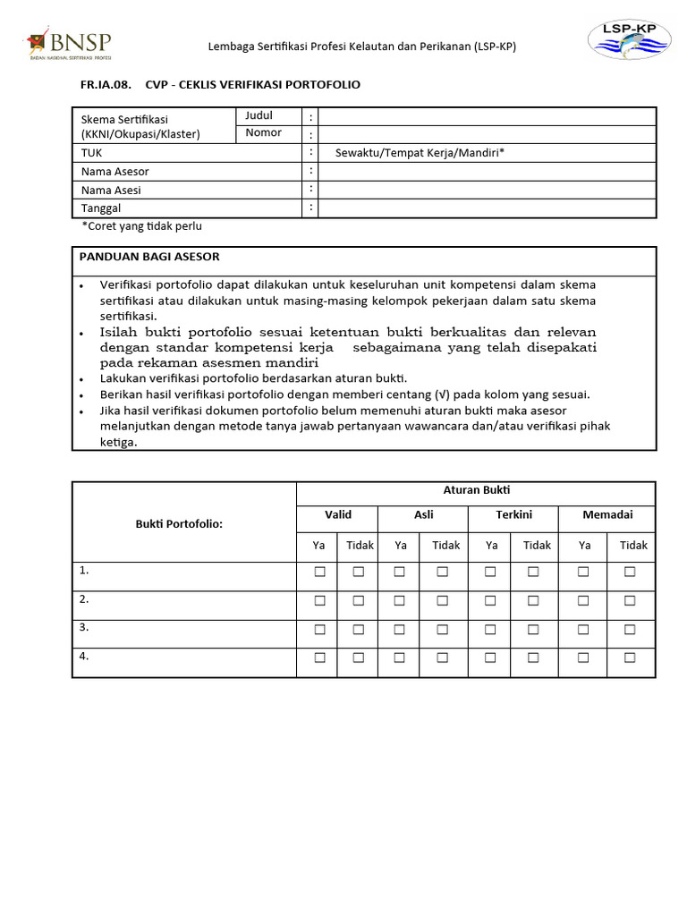 Ceklis Verifikasi Portofolio LSP-KP | PDF