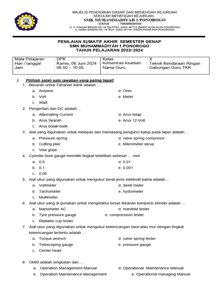 Soal Pas X TKR | PDF | Teknologi & Rekayasa