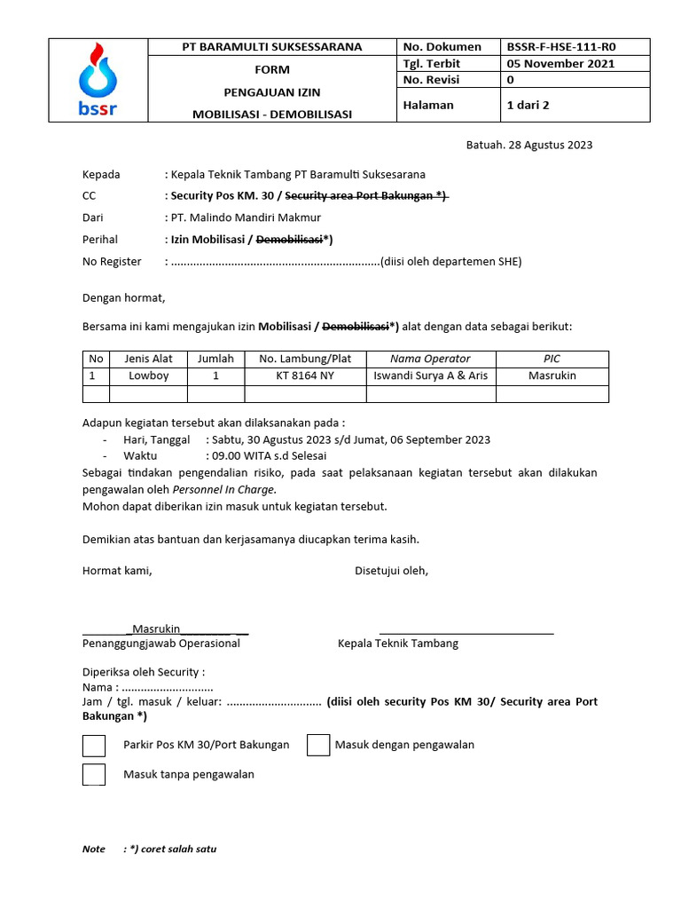 BSSR-F-HSE - 111 - R0 Form Izin Mobilisasi 1 Unit Lowboy PT MMM | PDF