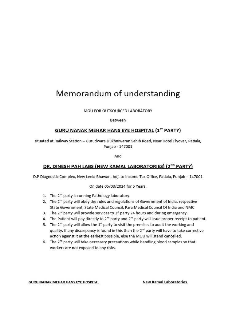 MOU for Outsourced Lab Services | PDF | Laboratories | Hospital