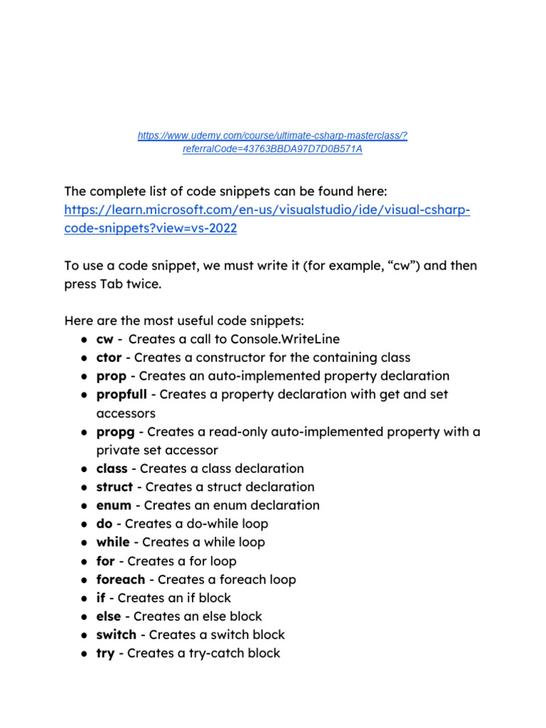 Ultimate C# Masterclass - Useful Code Snippets | PDF