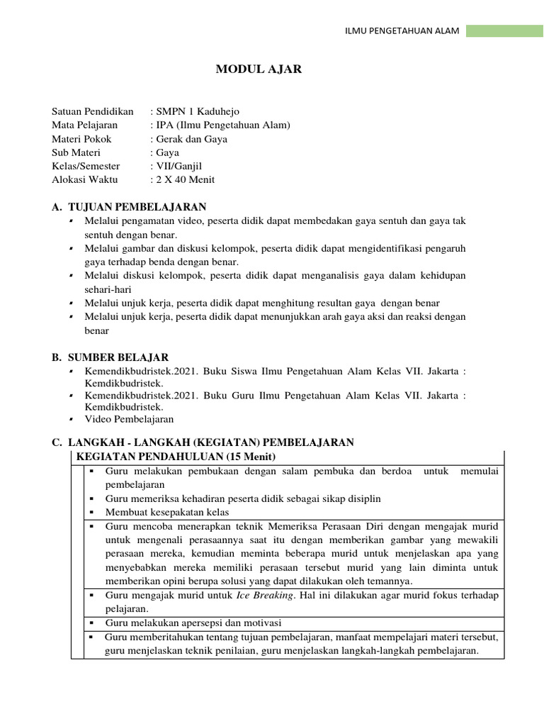 Modul Ajar Gaya (IPA SMP Kelas 7) | PDF