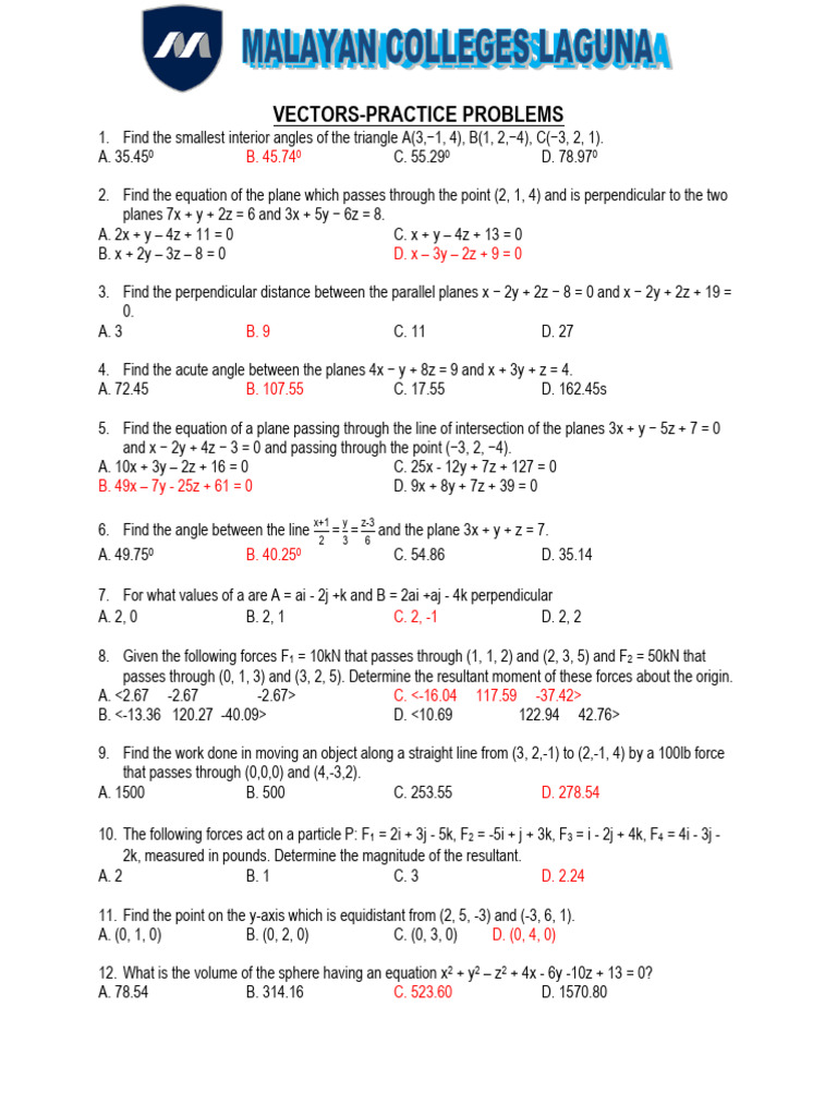 MCL - Vectors - Practice Problems | PDF | Line (Geometry) | Cartesian ...