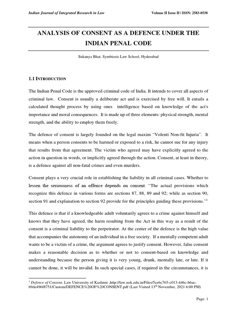 Analysis of Consent As A Defence Under The Indian Penal Code | PDF ...