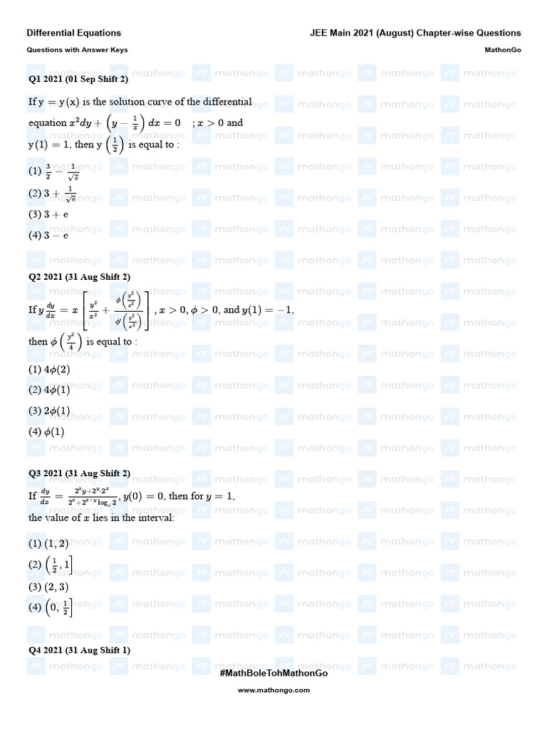 Differential Equations - JEE Main 2021 August Chapter-Wise - MathonGo | PDF | Equations ...