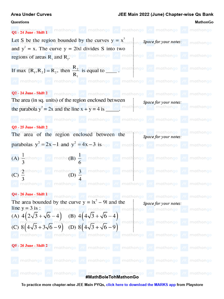Area Under Curves - JEE Main 2022 Chapter Wise Questions by MathonGo | PDF | Business