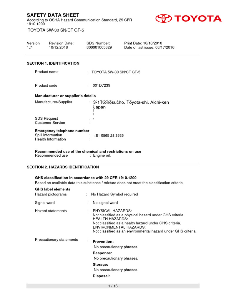 Toyota 5W 30 MSDS | Download Free PDF | Motor Oil | Safety