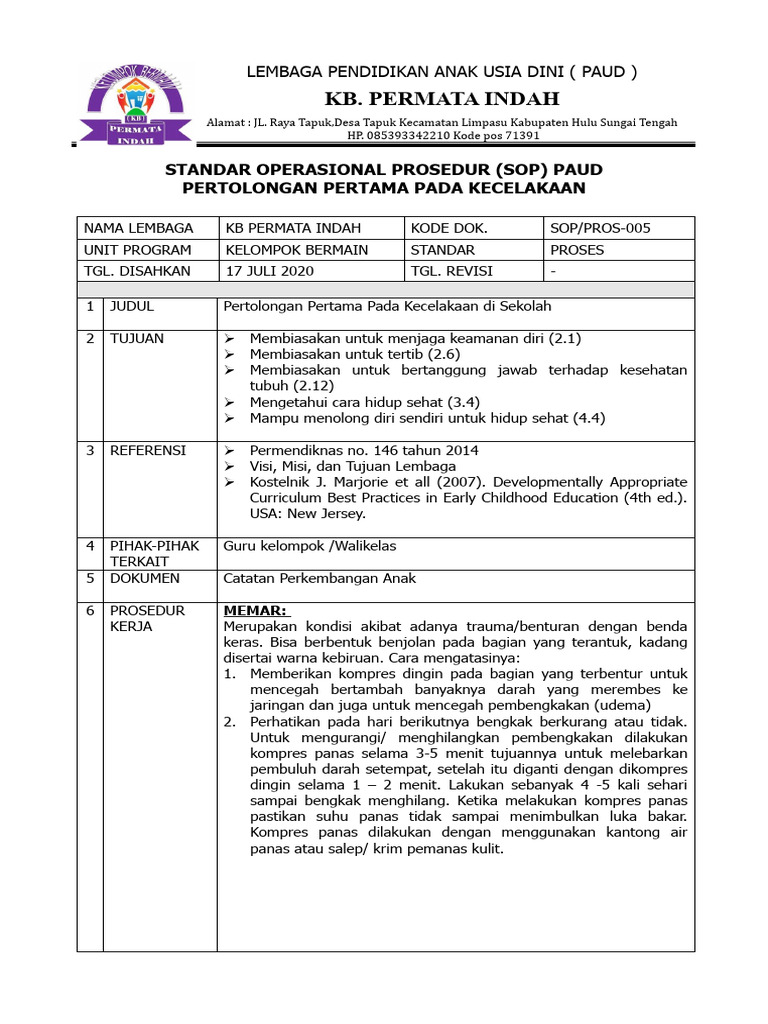 5 Sop Paud Pertolongan Pertama Pada Kecelakaan | PDF | Kesehatan Holistik | Sains & Matematika