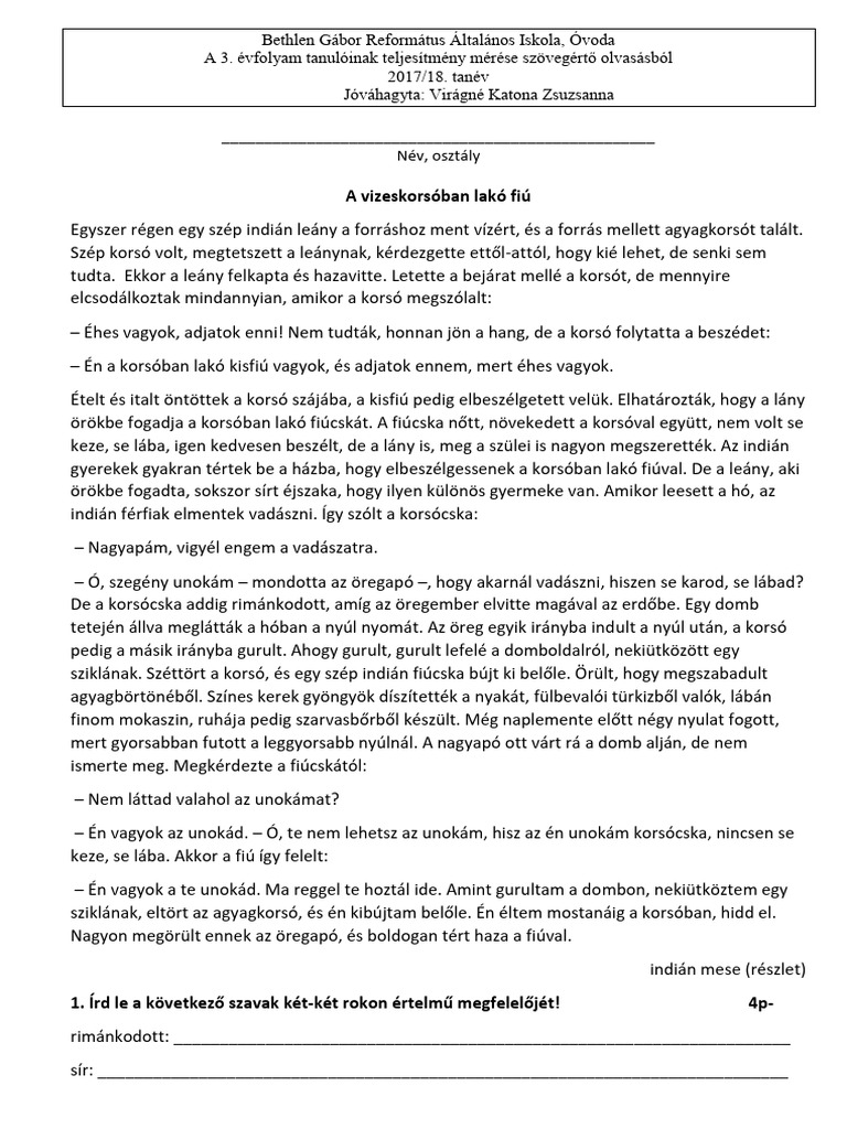 A Vizeskorsóban Lakó Fiú 3.évf. Szövegértés Vizsga | PDF