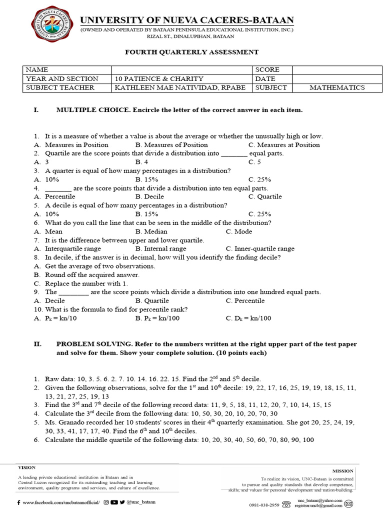 Grade 10 Math Quarterly Assessment | PDF | Percentile | Quartile