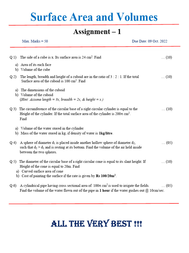 Assignment-1, Surface Area & Volumes | PDF | Teaching Methods & Materials | Science & Mathematics
