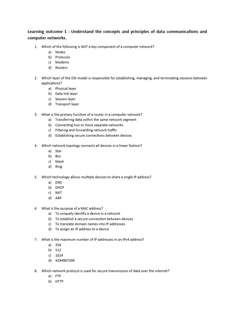 Data Communication and Computer Network MCQ Based On Learning Outcome | PDF | Computer Network ...