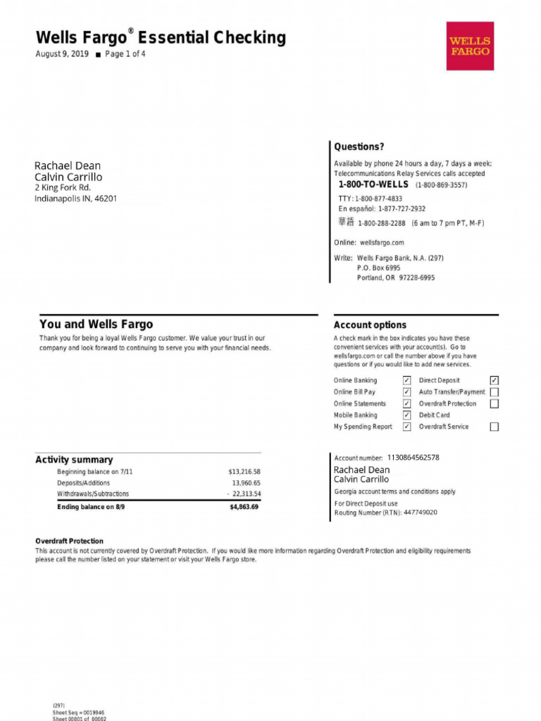 Wells Fargo Bank Sample Statement | PDF