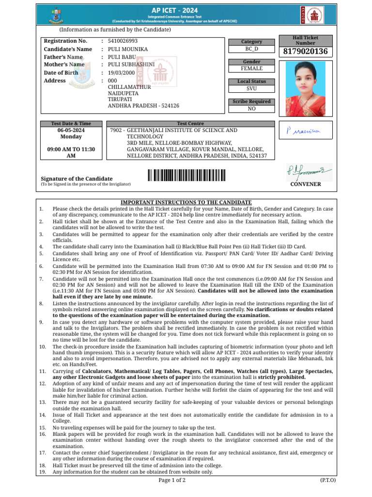 AP ICET - 2024 Monika | PDF | Identity Document