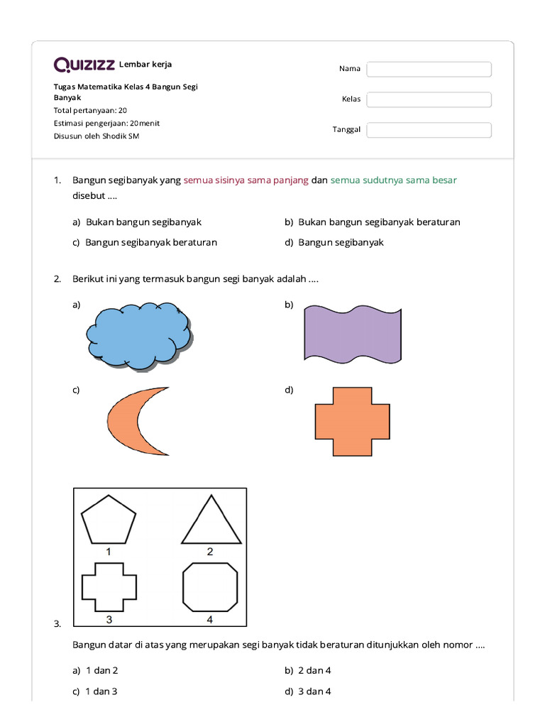 Quizizz - Tugas Matematika Kelas 4 Bangun Segi Banyak | PDF