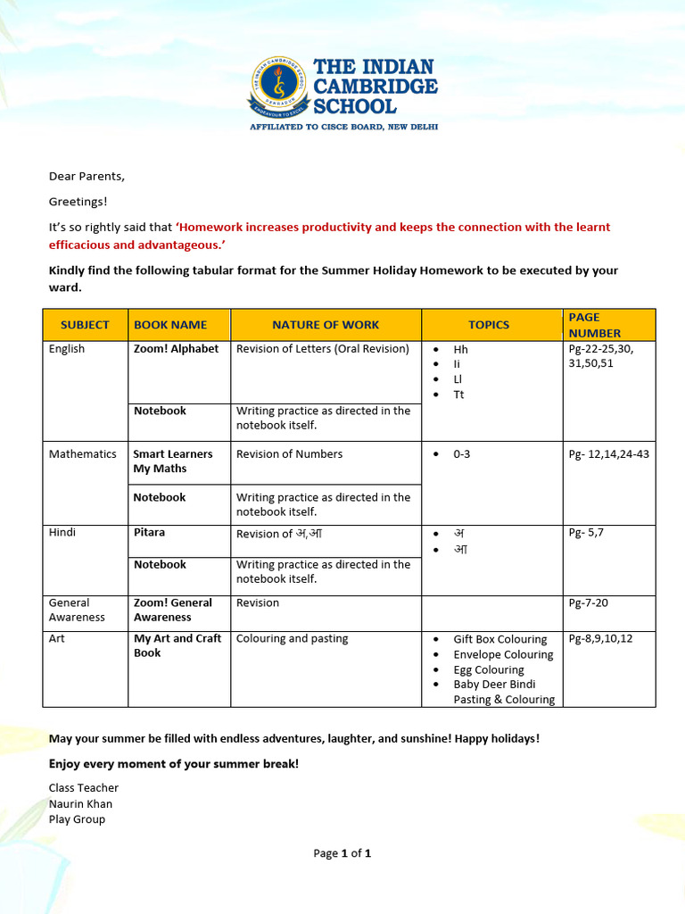 Summer Holiday Homework Grade-PG | PDF