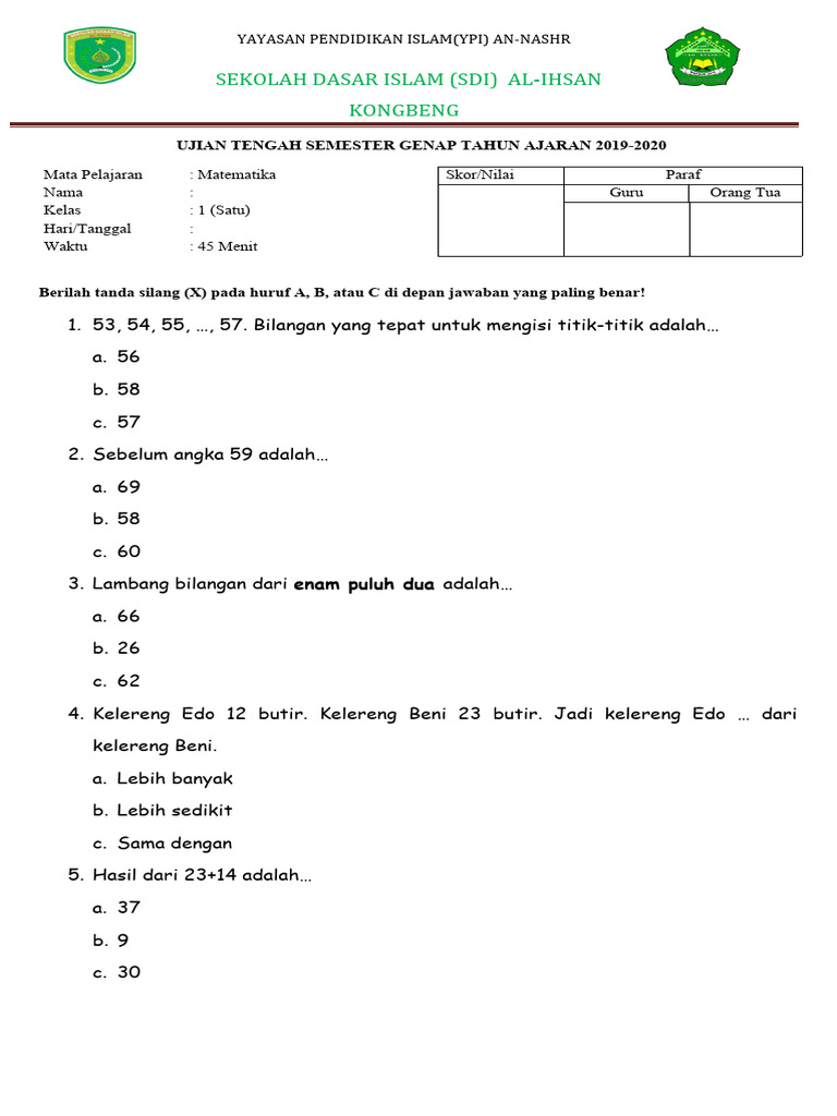 Uas Genap Kelas 1 MTK | PDF