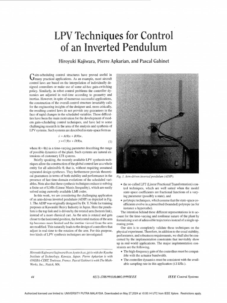 LPV Techniques For Control of An Inverted Pendulum | PDF | Control Theory | Mathematics