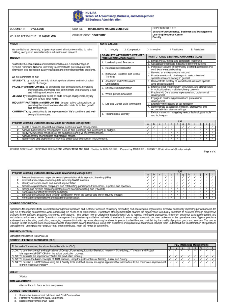Syllabus Obe - Operation Management & TQM - (Qmo) Format 03 | PDF ...