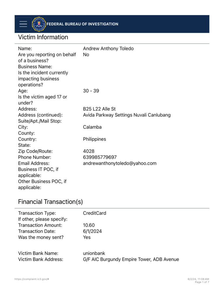 IC3 Complaint Referral Form | PDF | Credit Card