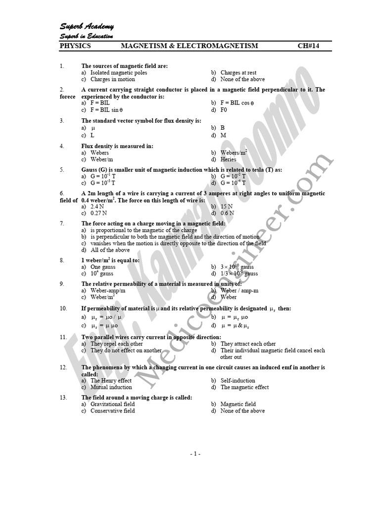 Magnetism & Electromagnetism Quiz | PDF | Inductance | Electromagnetic ...