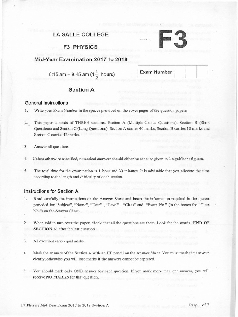 La Salle 2017-2018 Mid Year Exam F3 Physics Section A 2 | PDF