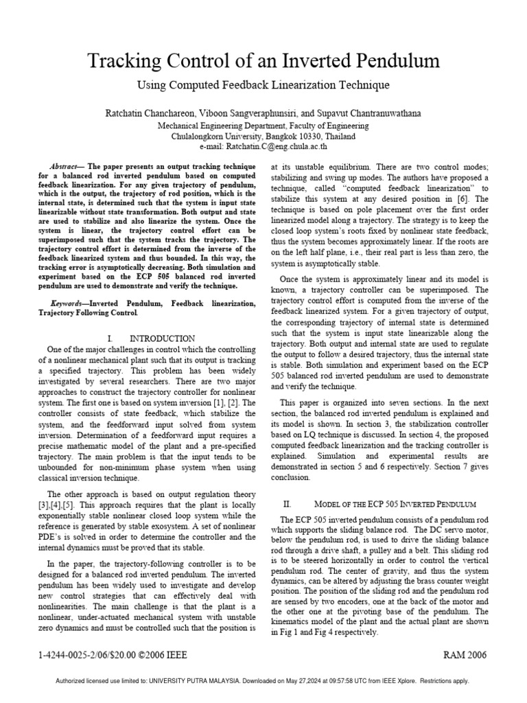 Tracking Control of An Inverted Pendulum Using Computed Feedback Linearization Technique | PDF ...